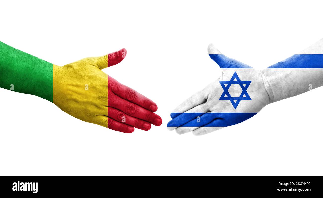 Handshake between Mali and Israel flags painted on hands, isolated ...
