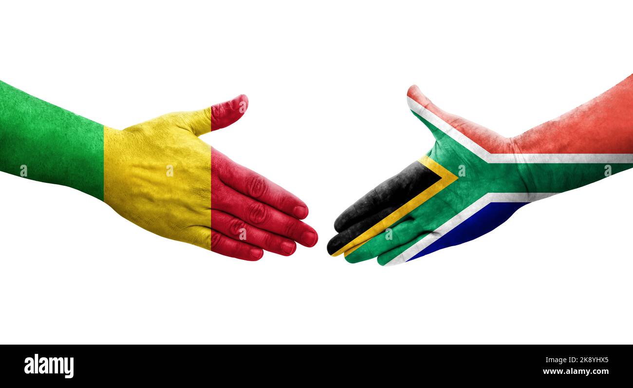 Handshake between Mali and South Africa flags painted on hands ...