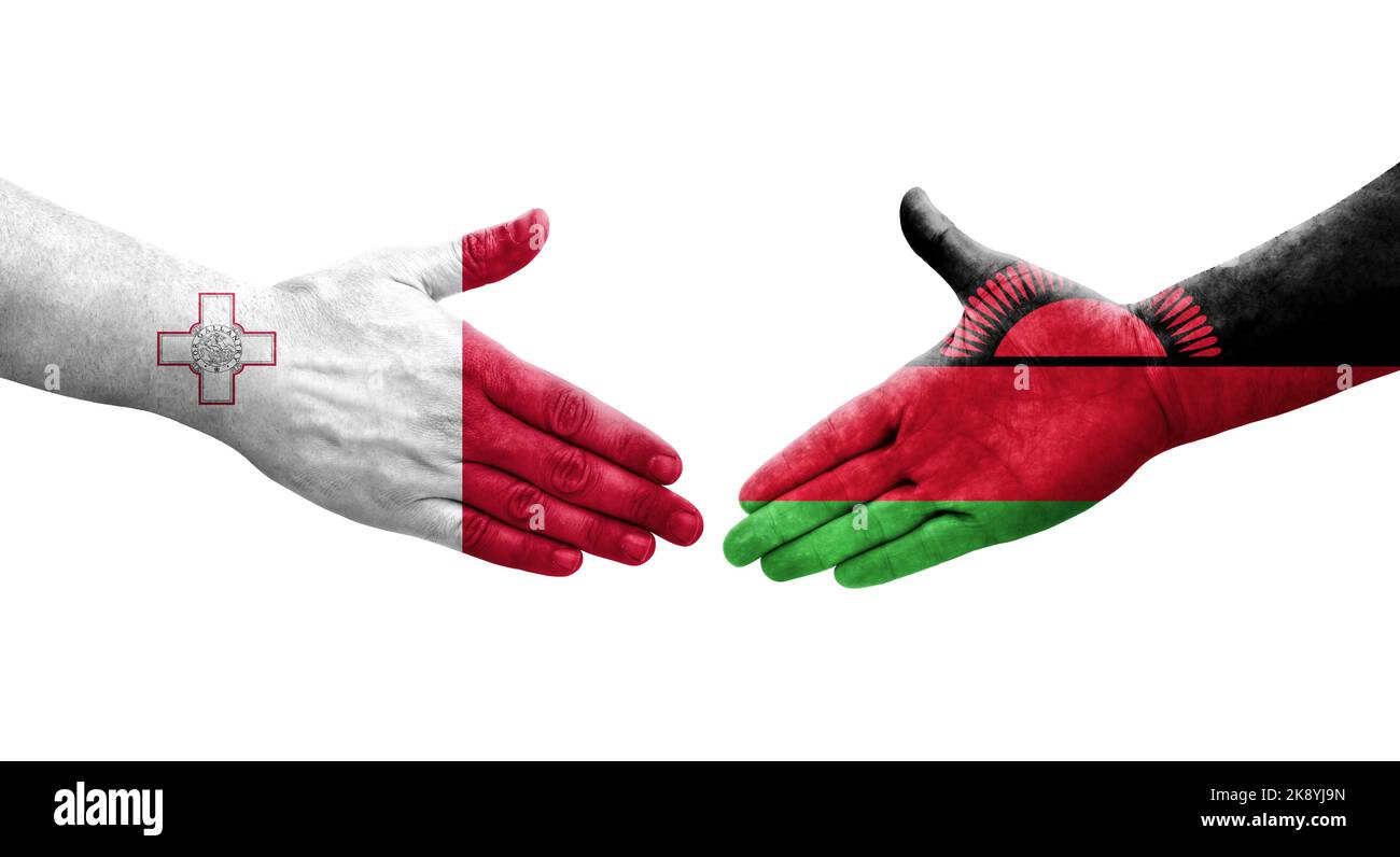 Handshake between Malta and Malawi flags painted on hands, isolated ...