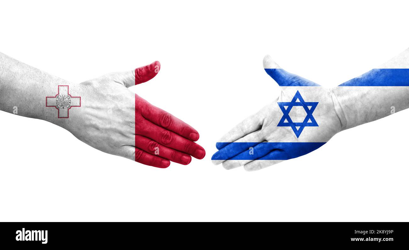 Handshake between Malta and Israel flags painted on hands, isolated ...