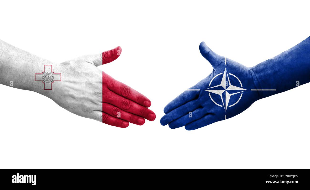 Handshake between Malta and Nato flags painted on hands, isolated ...