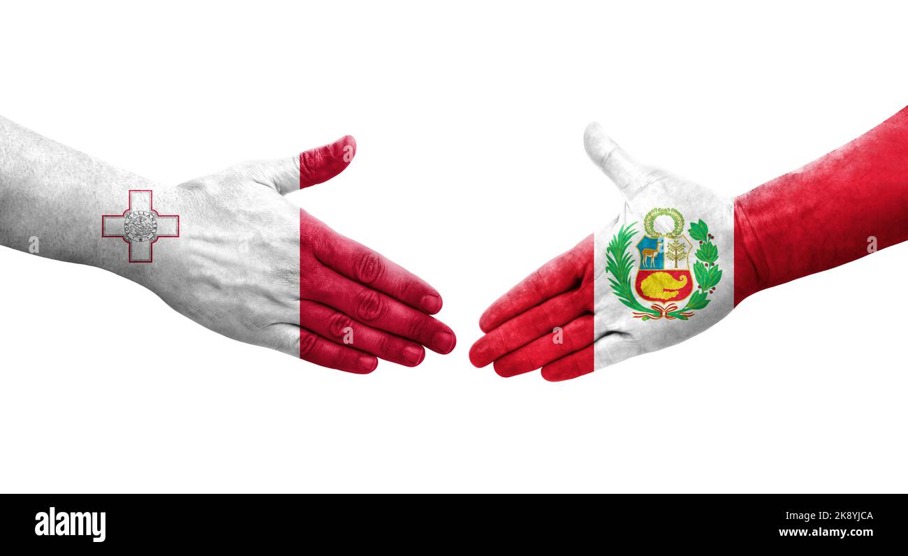 Handshake between Malta and Peru flags painted on hands, isolated ...