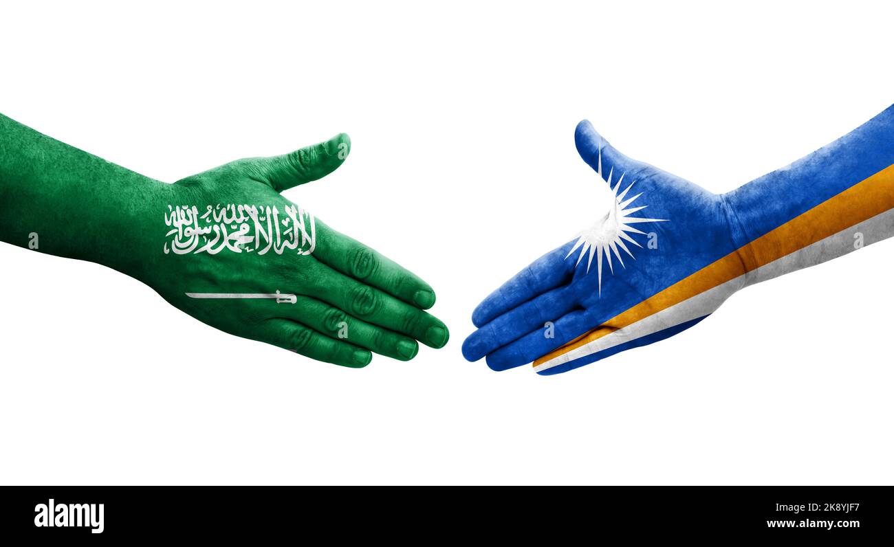 Handshake between Marshall Islands and Saudi Arabia flags painted on ...