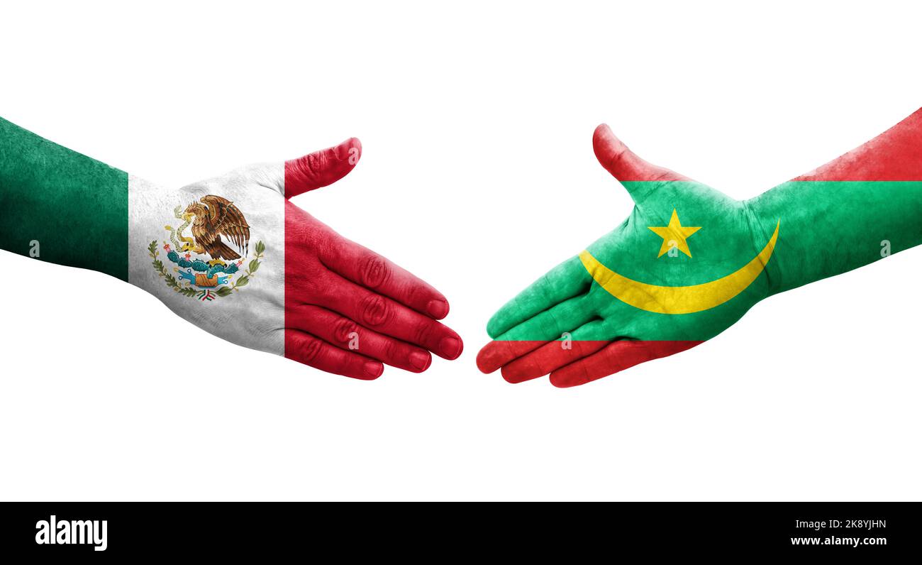 Handshake between Mauritania and Mexico flags painted on hands ...