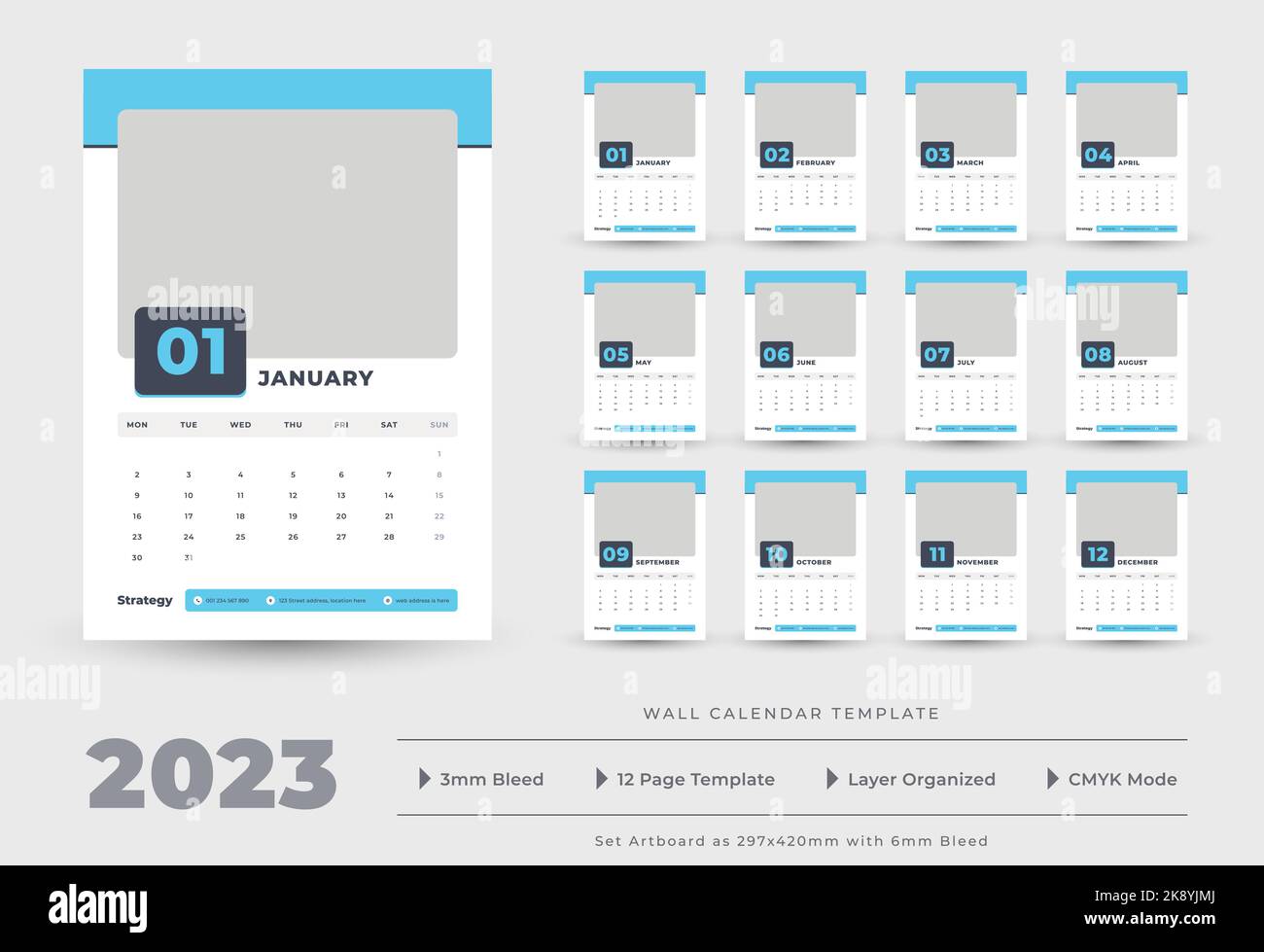 A 2023 wall calendar of 12 page template with a copy space designed in ...