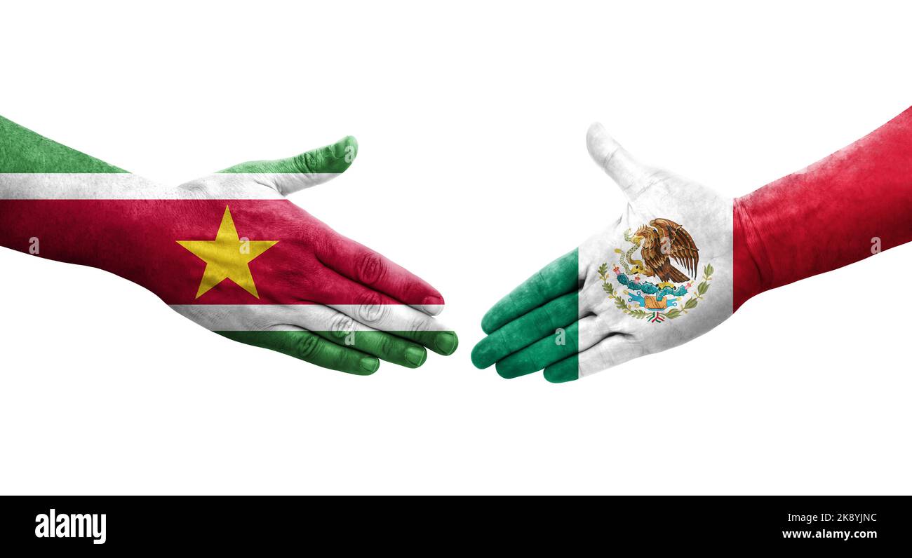 Handshake between Mexico and Suriname flags painted on hands, isolated ...
