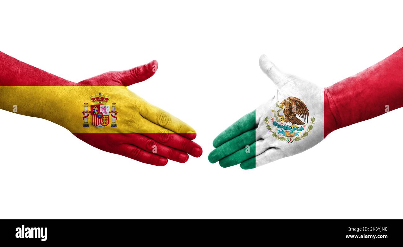 Handshake between Mexico and Spain flags painted on hands, isolated ...