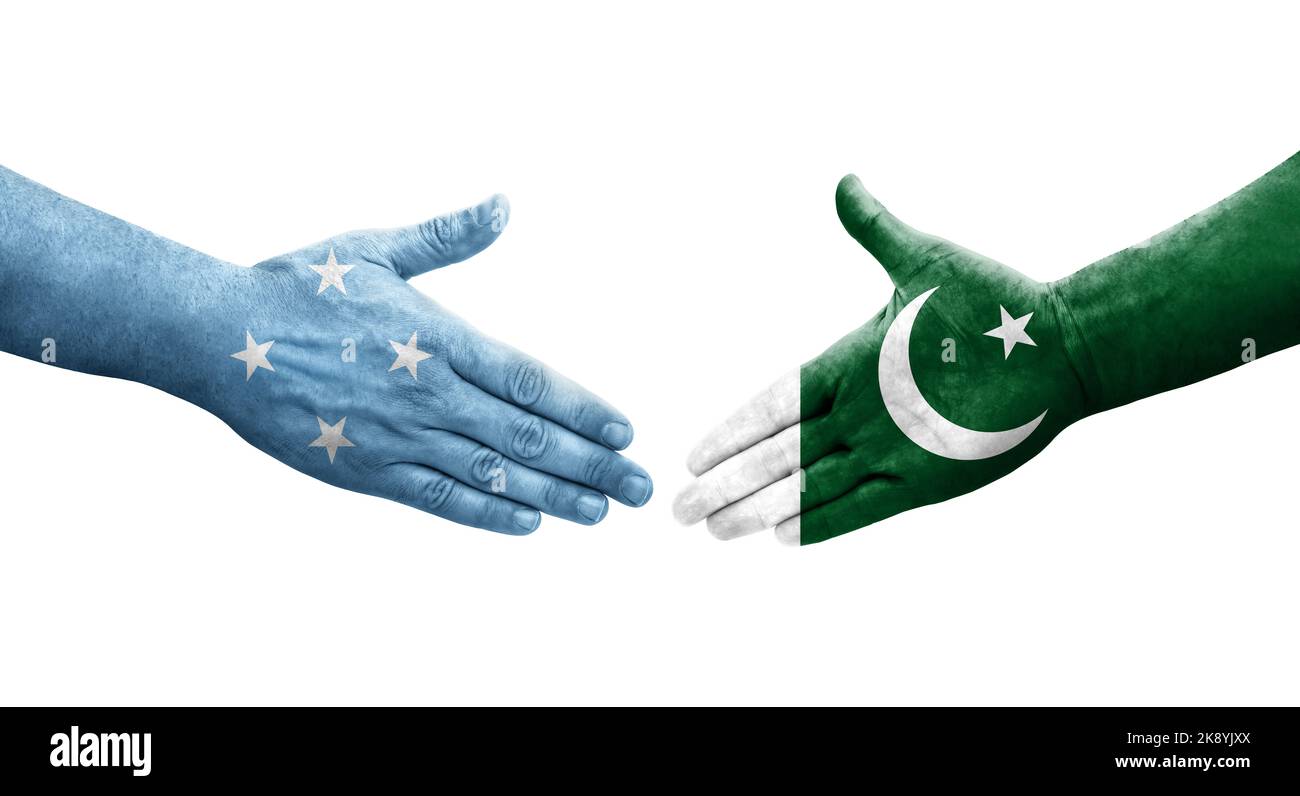 Handshake between Micronesia and Pakistan flags painted on hands ...