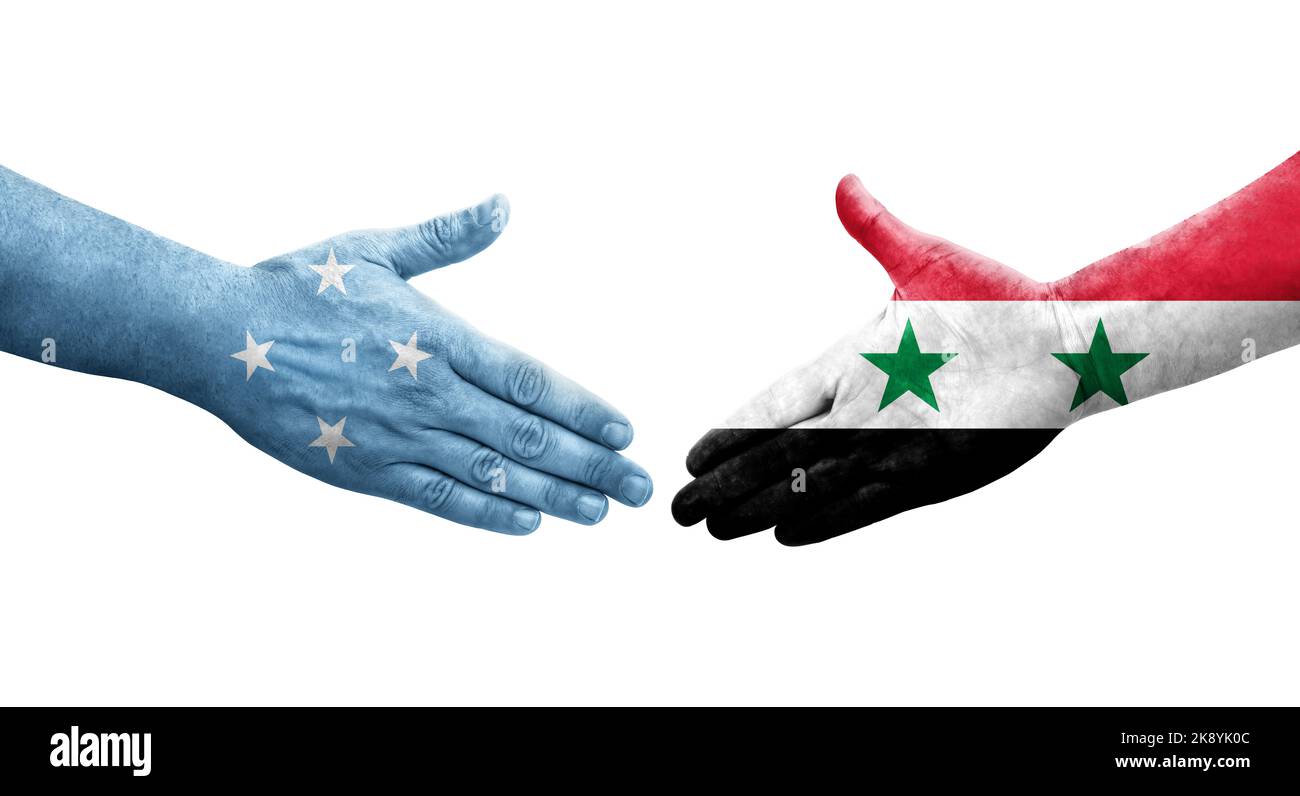 Handshake between Micronesia and Syria flags painted on hands, isolated ...