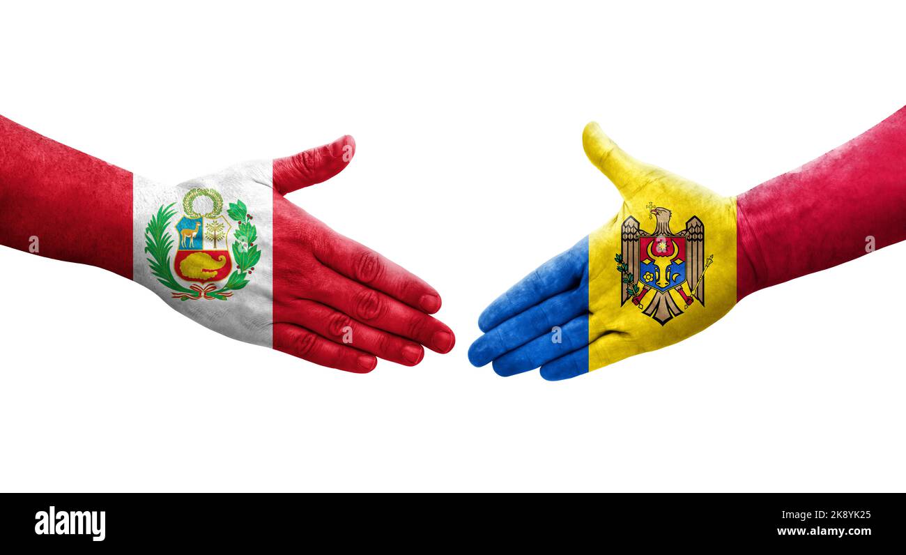 Handshake between Moldova and Peru flags painted on hands, isolated ...