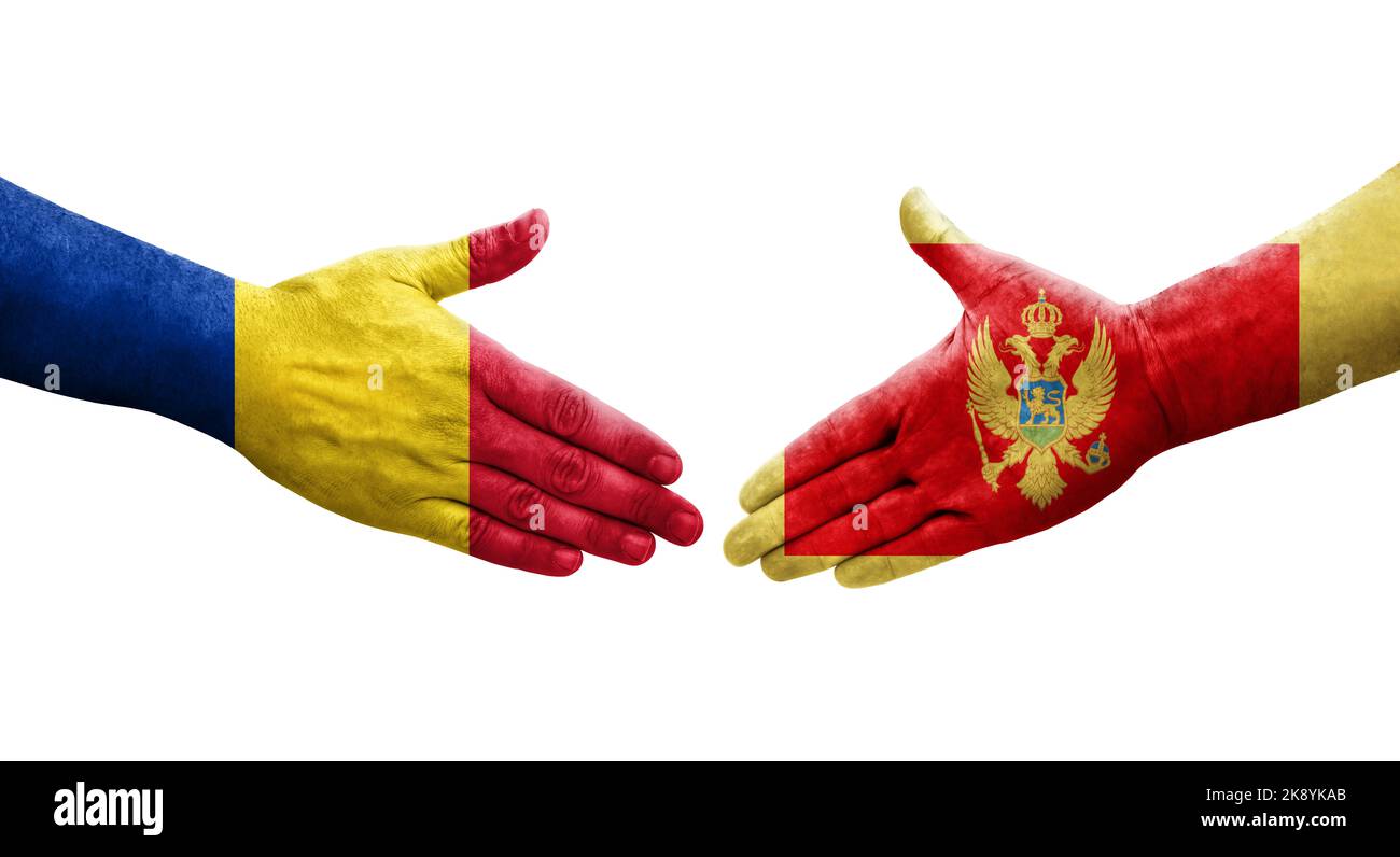 Handshake between Montenegro and Romania flags painted on hands ...