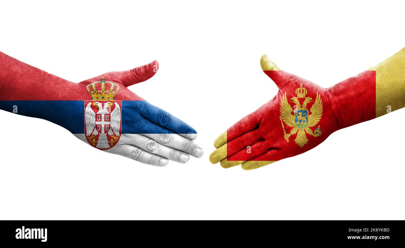 Handshake between Montenegro and Serbia flags painted on hands ...