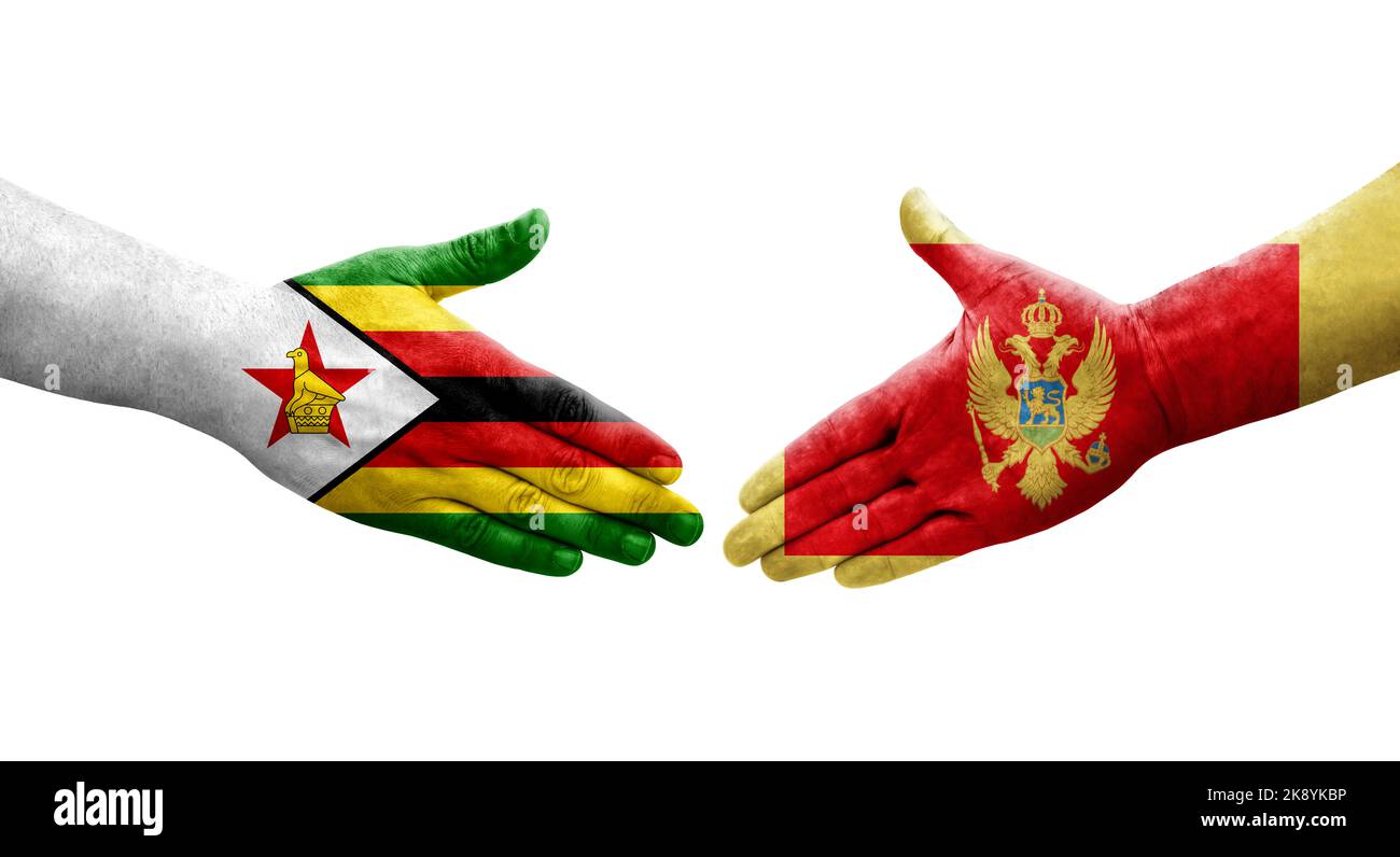 Handshake between Montenegro and Zimbabwe flags painted on hands ...