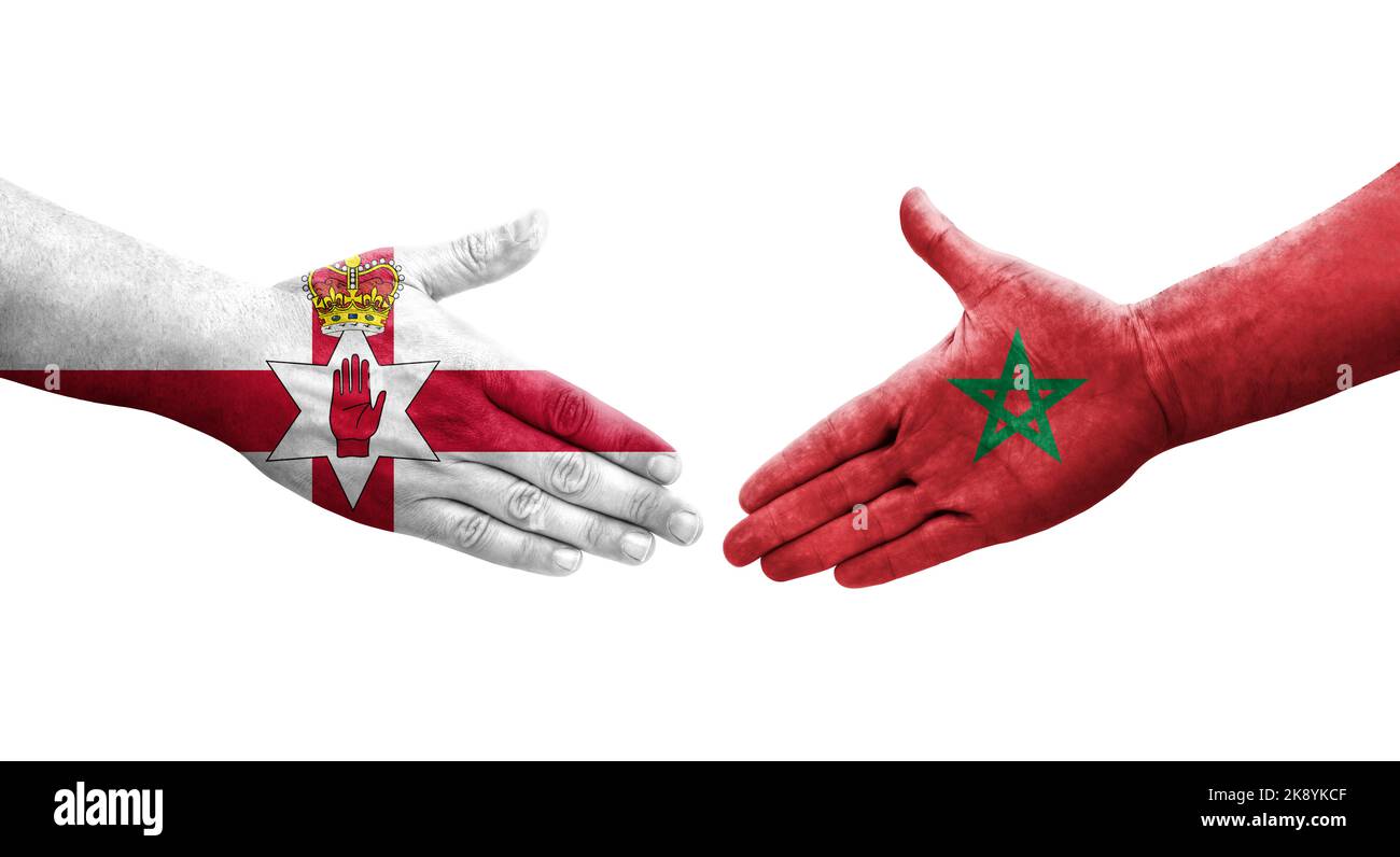 Handshake between Morocco and Northern Ireland flags painted on hands ...