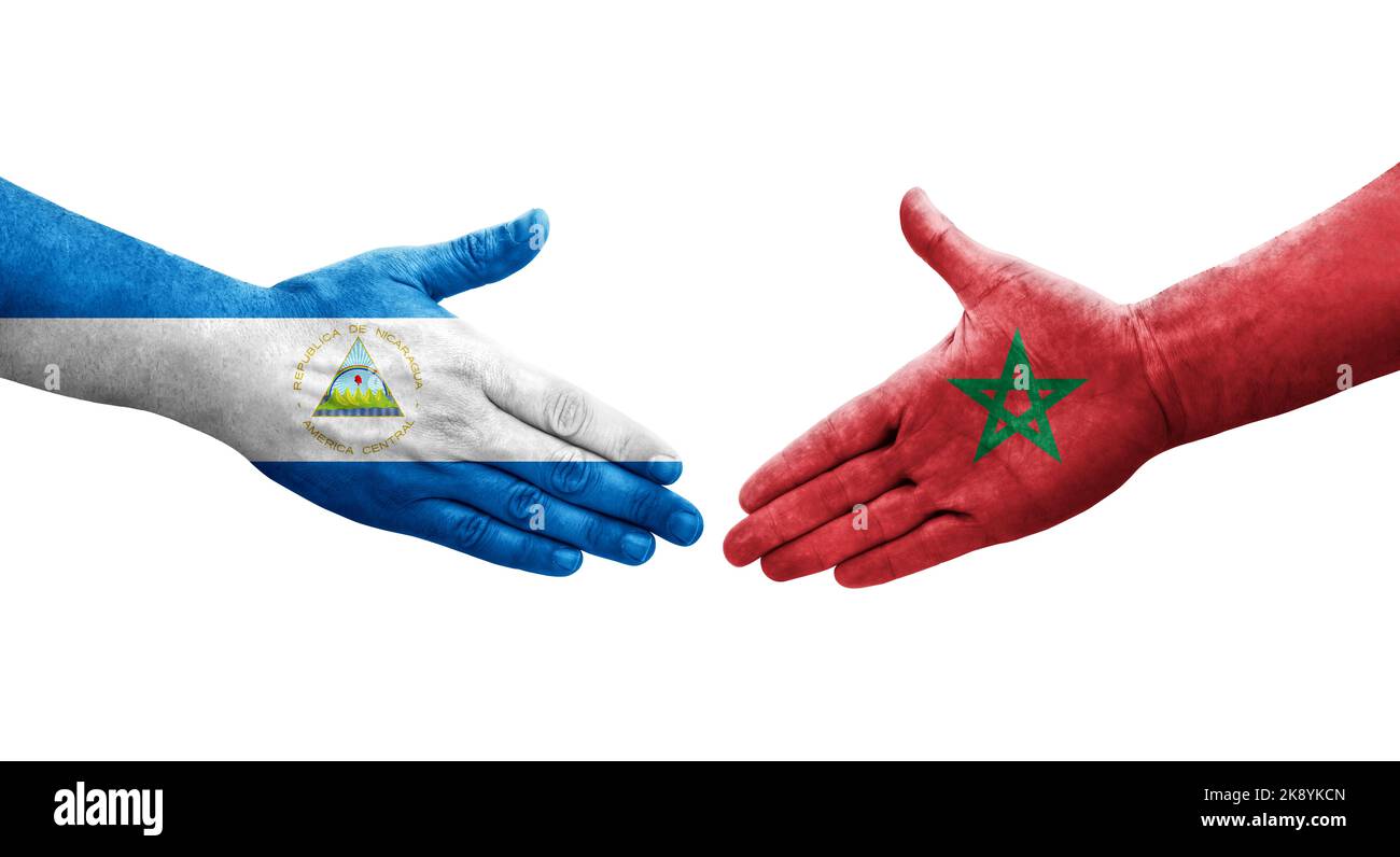 Handshake between Morocco and Nicaragua flags painted on hands ...