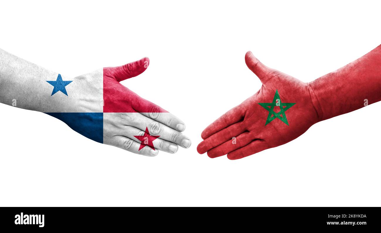 Handshake between Morocco and Panama flags painted on hands, isolated ...