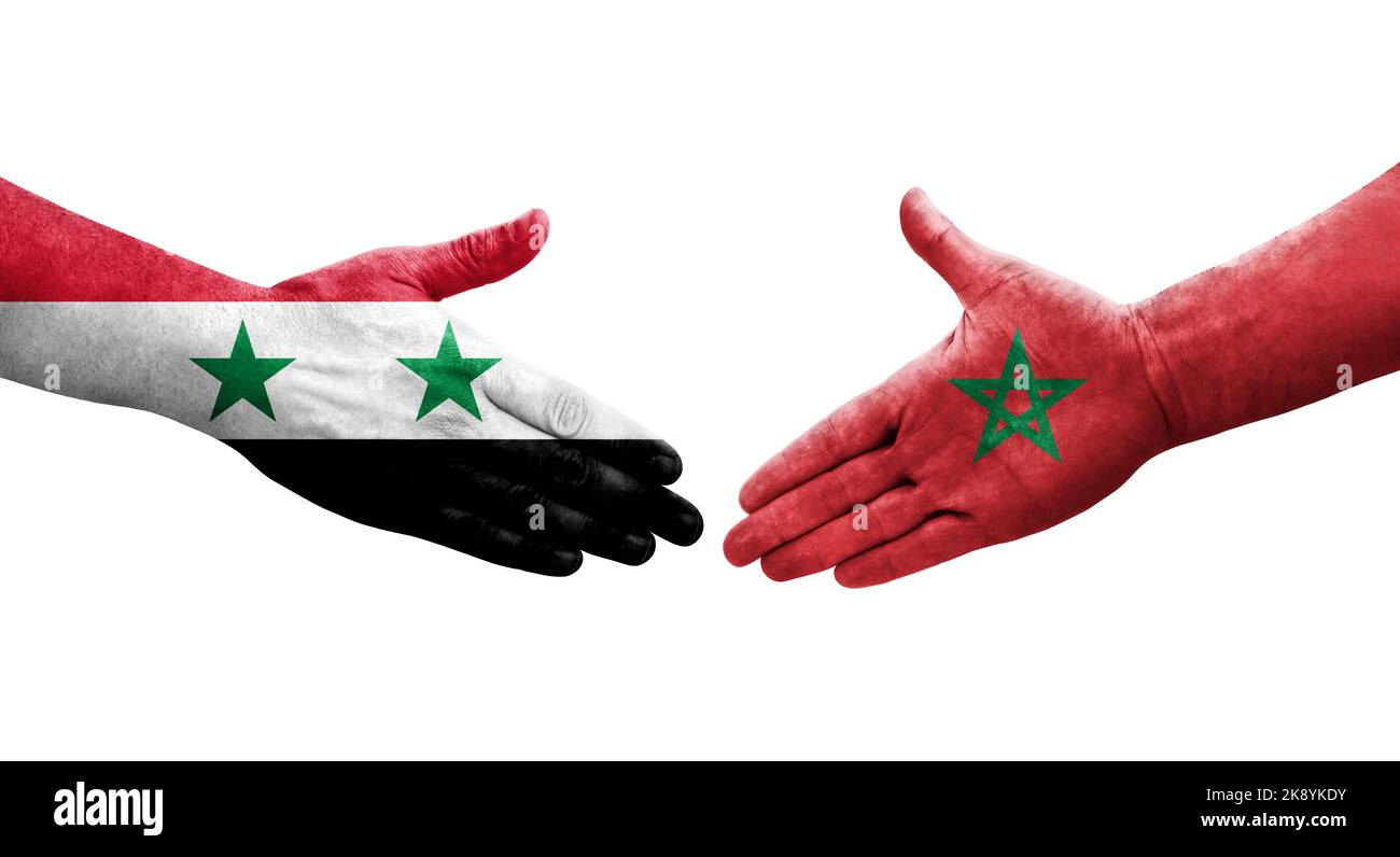 Handshake between Morocco and Syria flags painted on hands, isolated ...