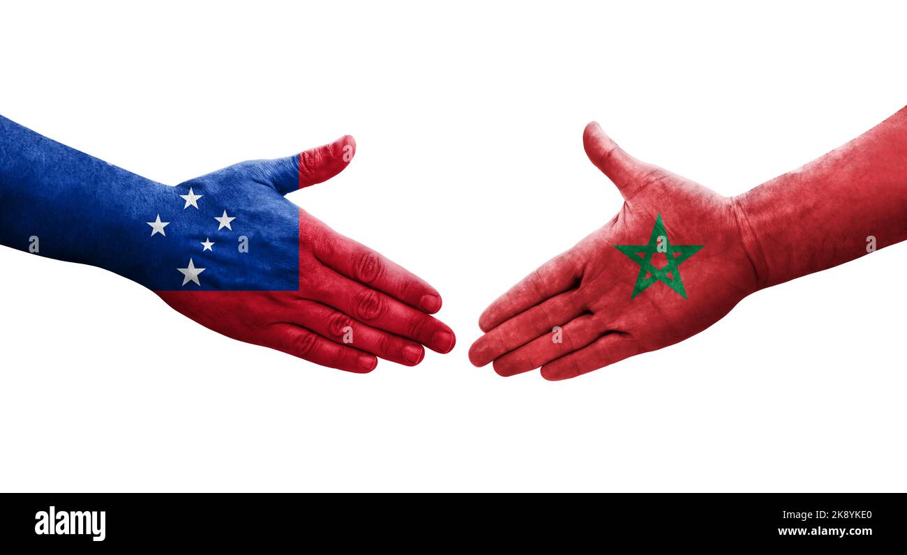 Handshake between Morocco and Samoa flags painted on hands, isolated ...
