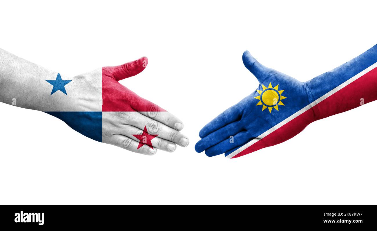 Handshake between Namibia and Panama flags painted on hands, isolated ...