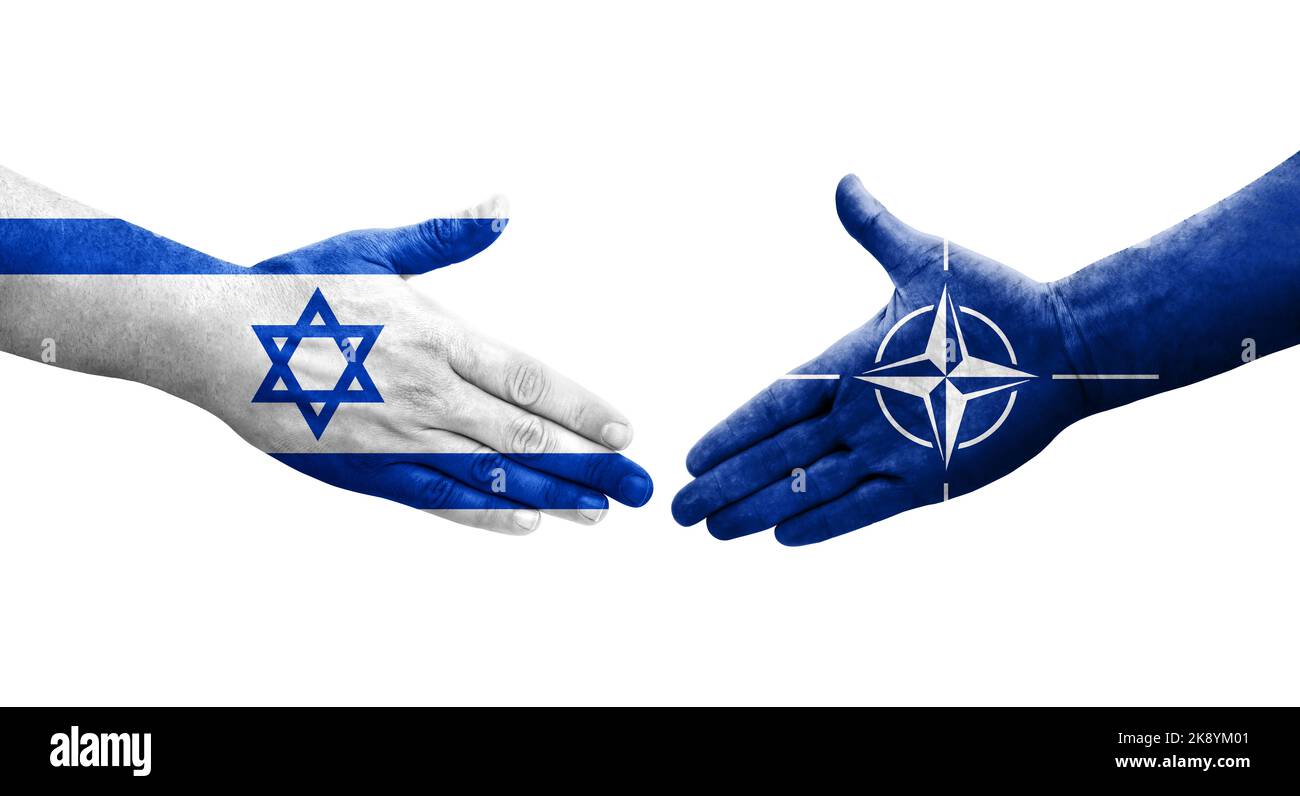 Handshake between Nato and Israel flags painted on hands, isolated ...