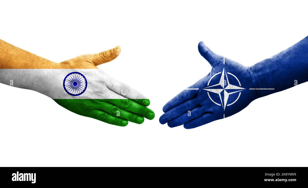 Handshake between Nato and India flags painted on hands, isolated ...