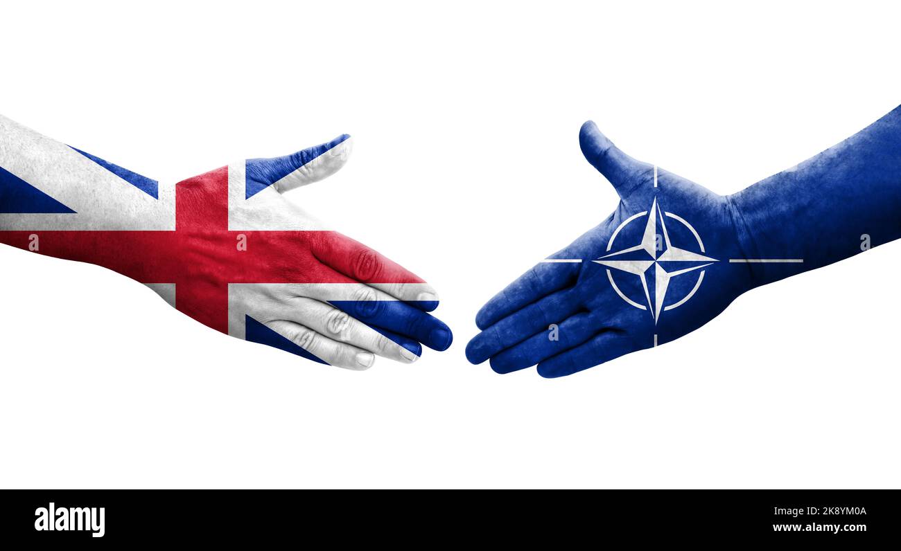 Handshake between Nato and Great Britain flags painted on hands ...