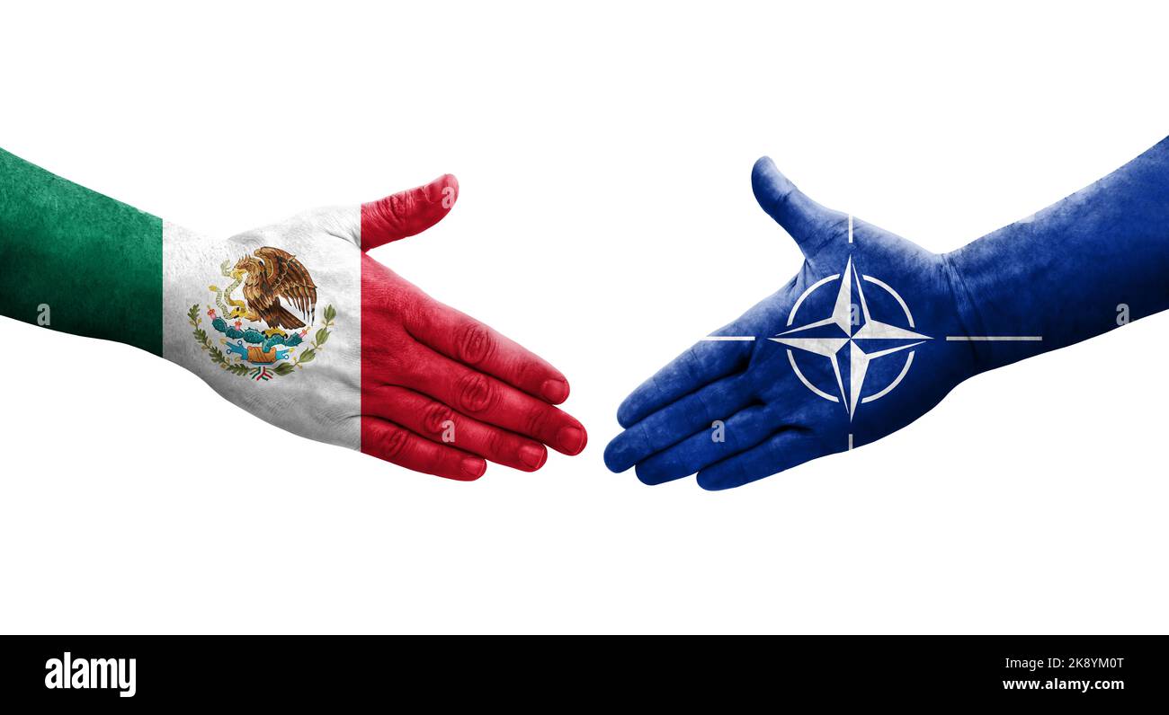 Handshake between Nato and Mexico flags painted on hands, isolated ...