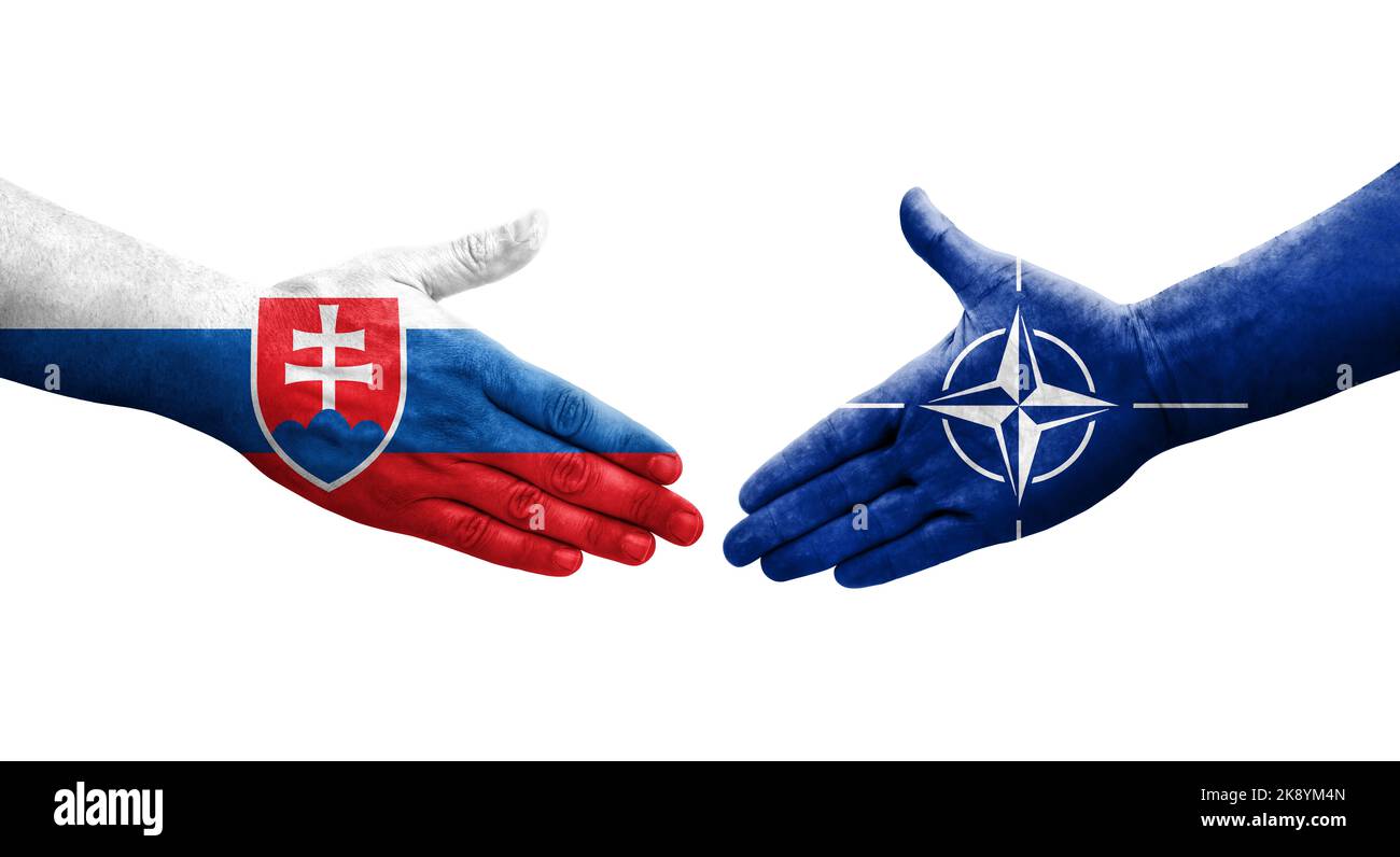 Handshake between Nato and Slovakia flags painted on hands, isolated ...