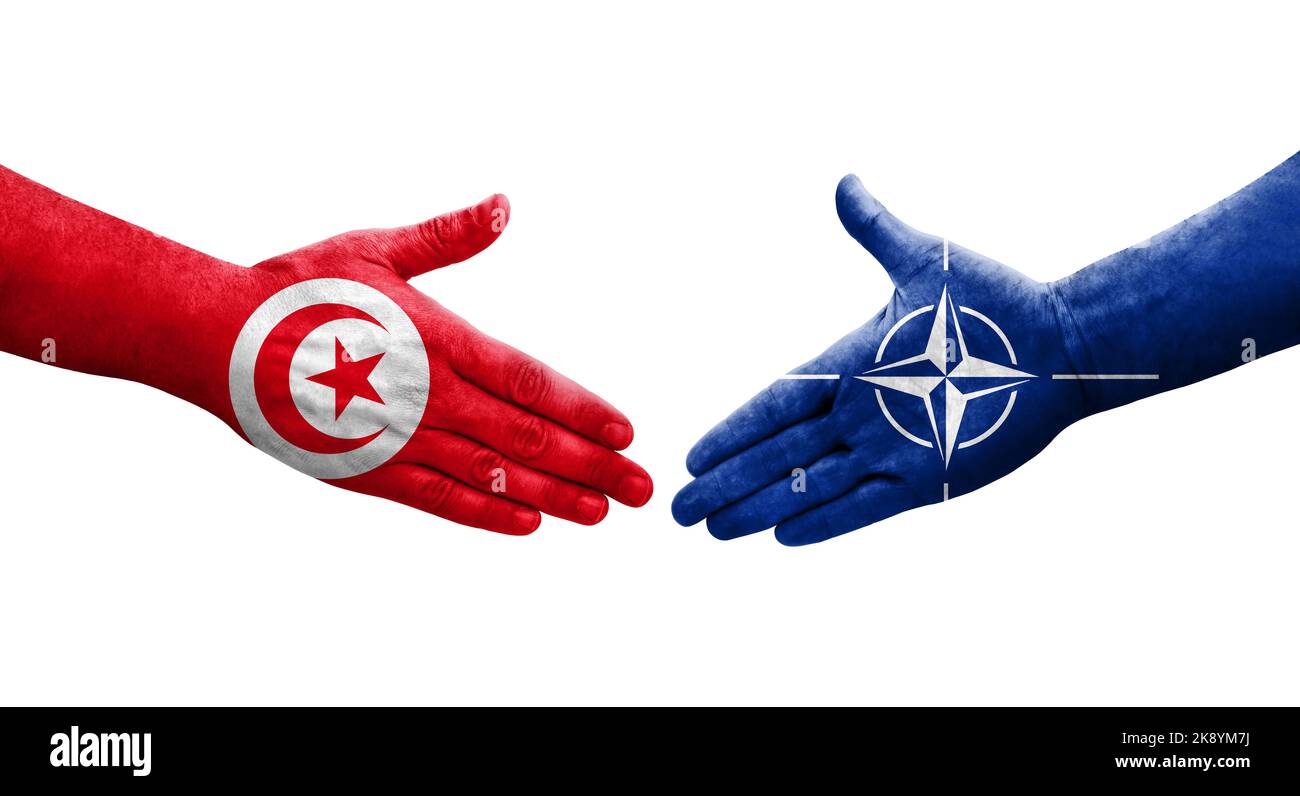 Handshake between Nato and Tunisia flags painted on hands, isolated ...