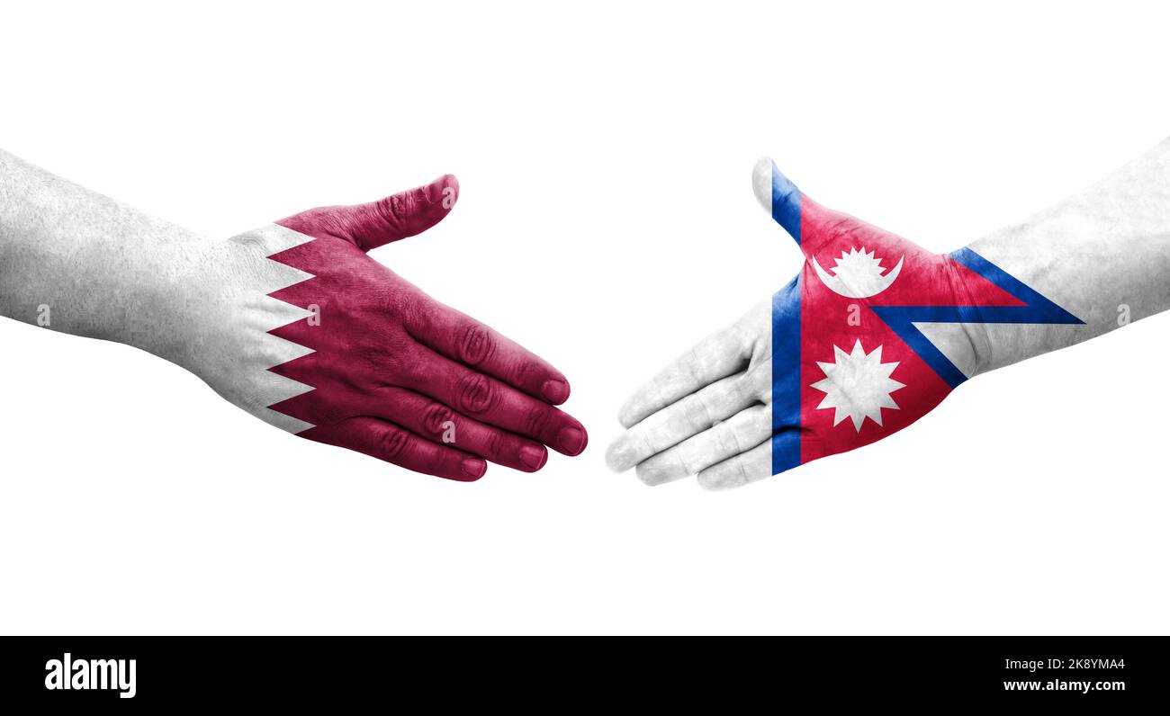 Handshake between Nepal and Qatar flags painted on hands, isolated transparent image Stock Photo ...