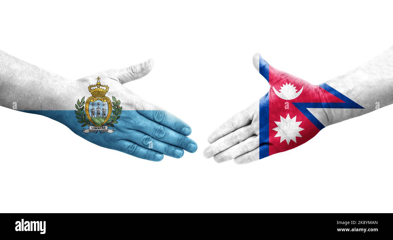 Handshake between Nepal and San Marino flags painted on hands, isolated ...