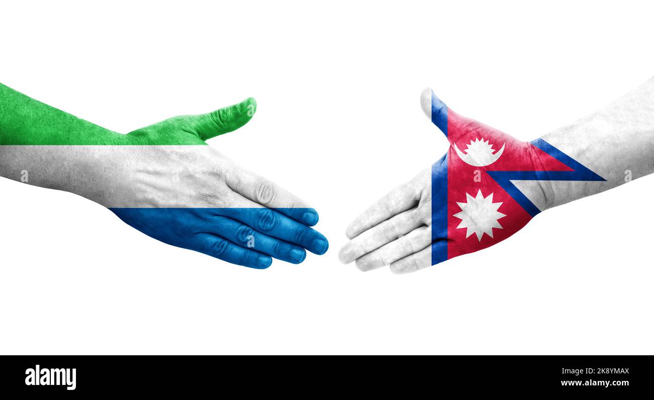 Handshake between Nepal and Sierra Leone flags painted on hands ...