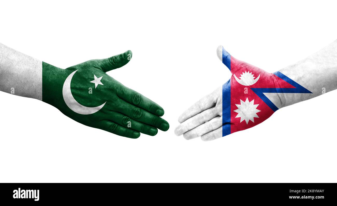 Handshake between Nepal and Pakistan flags painted on hands, isolated ...