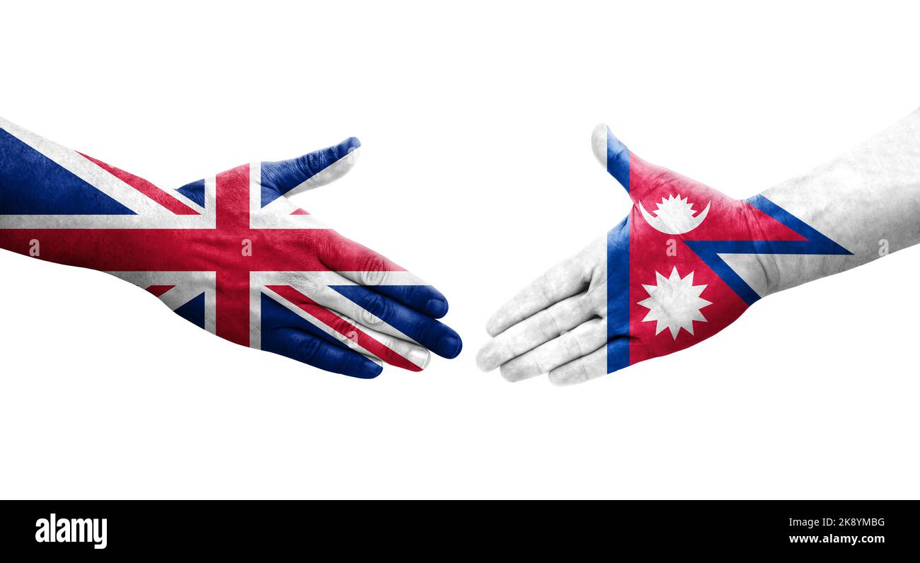 Handshake between Nepal and United Kingdom flags painted on hands ...