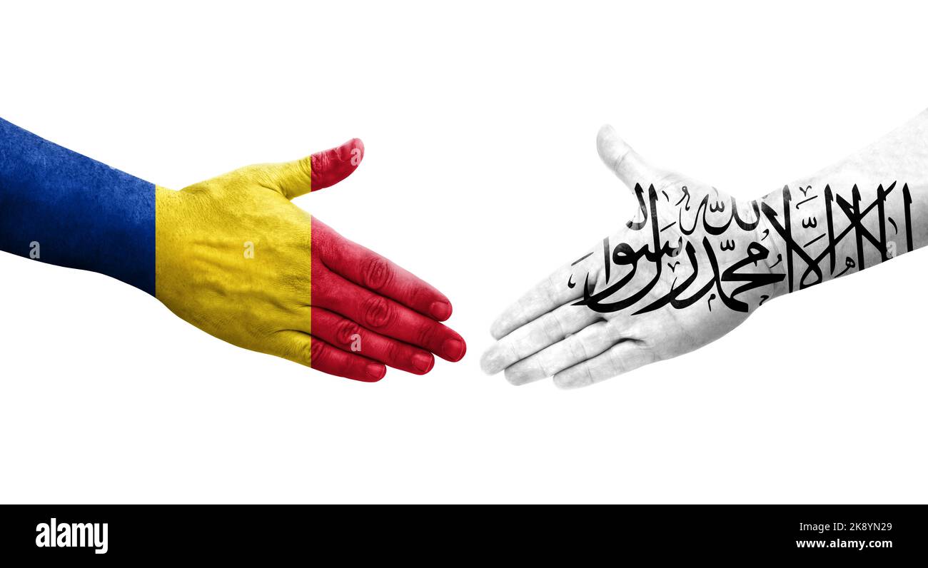 Handshake between North Macedonia and Romania flags painted on hands ...