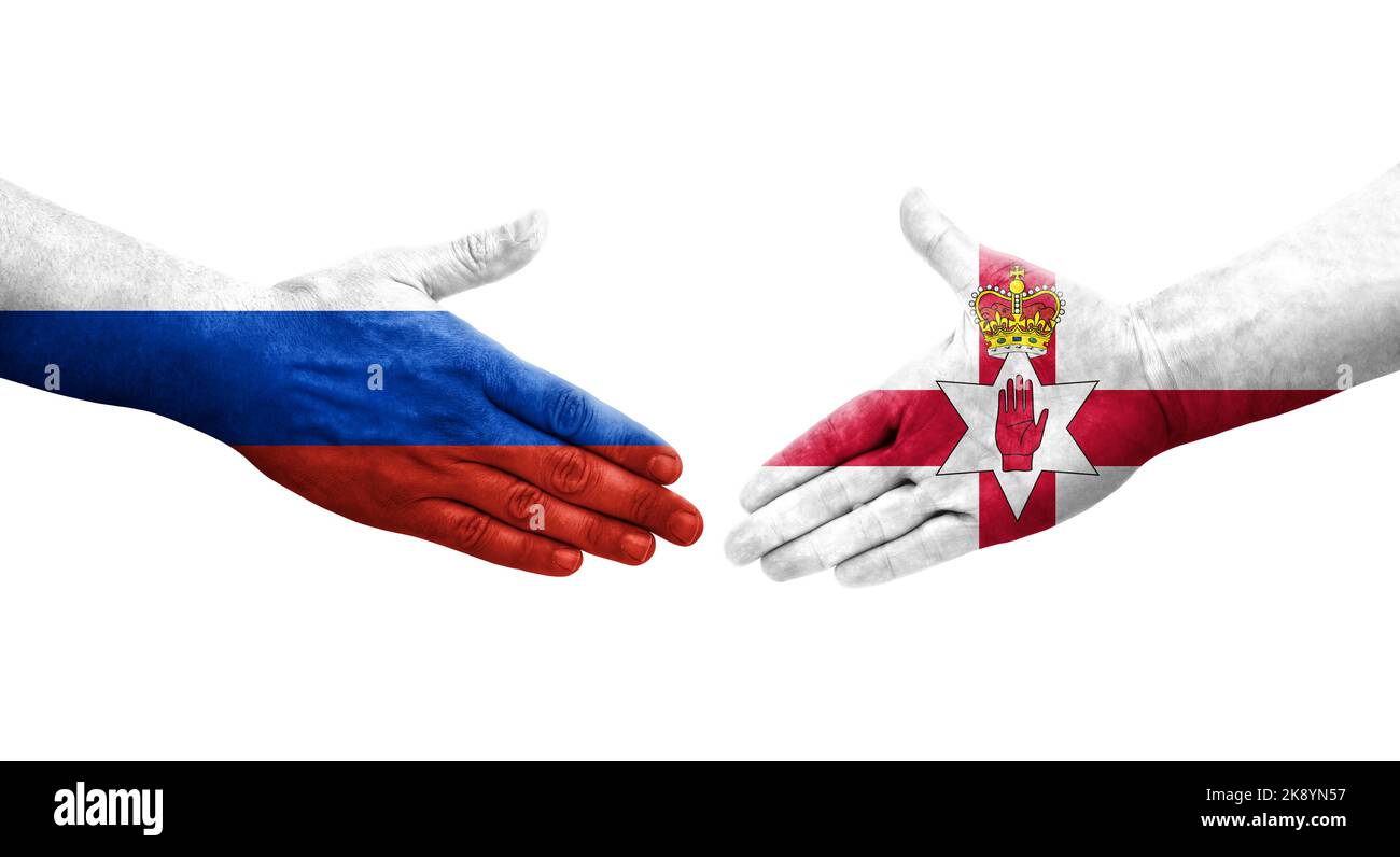 Handshake between Northern Ireland and Russia flags painted on hands ...