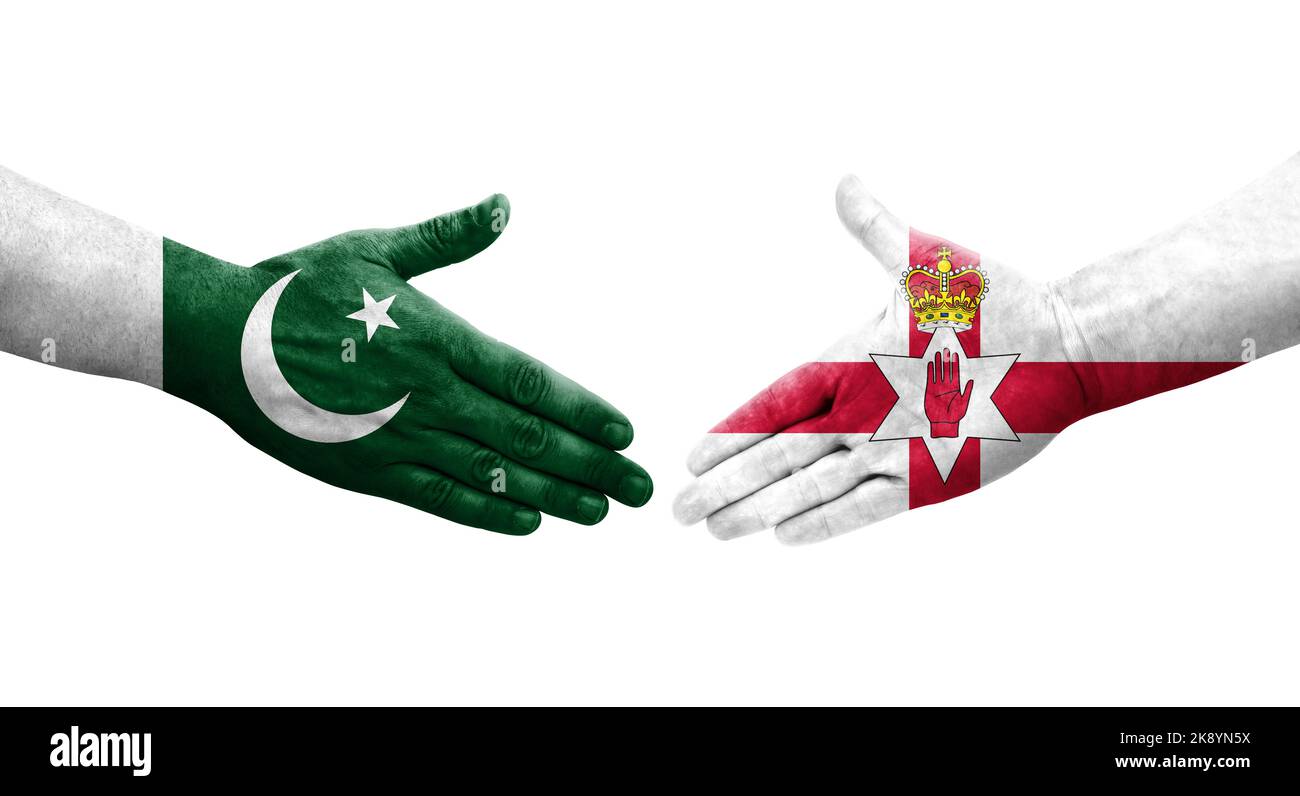 Handshake between Northern Ireland and Pakistan flags painted on hands ...