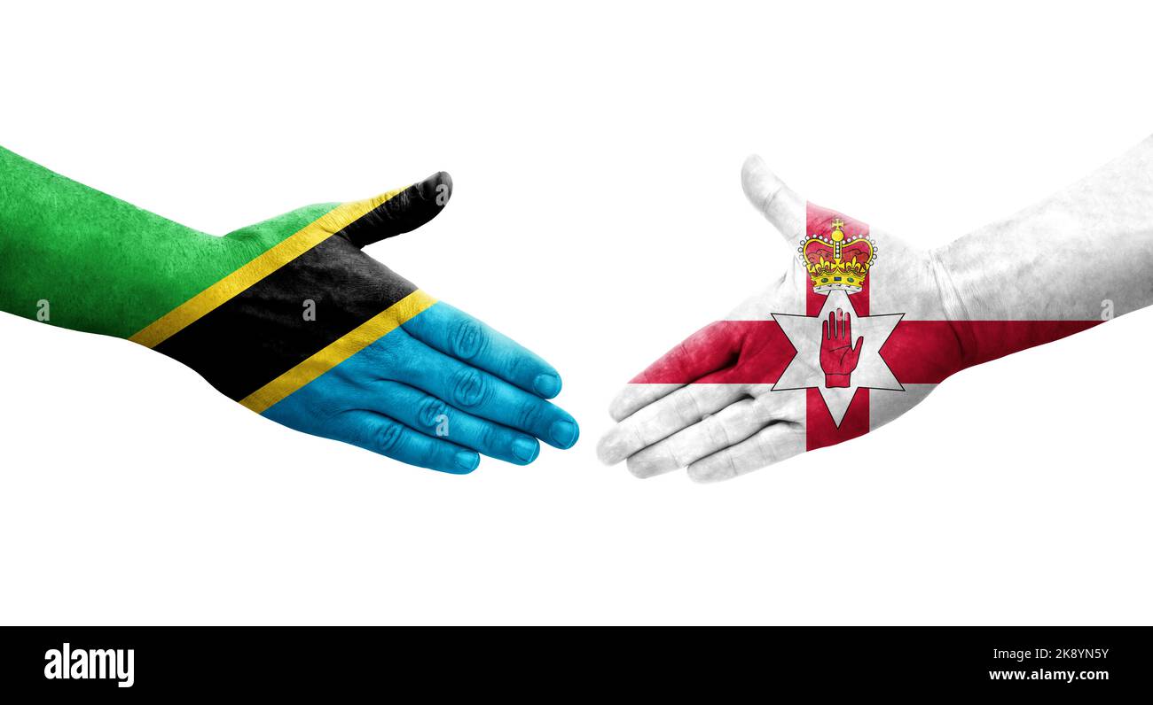 Handshake between Northern Ireland and Tanzania flags painted on hands ...
