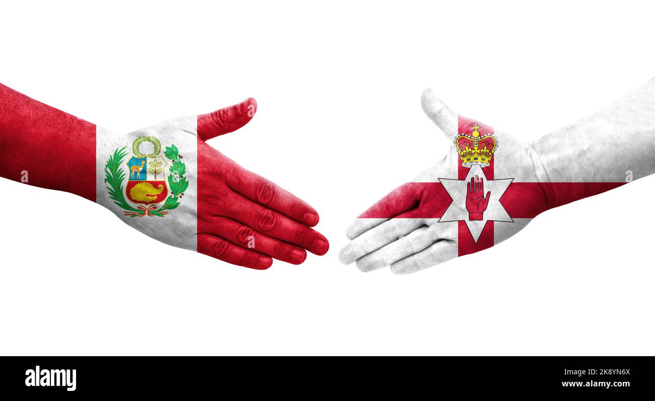 Handshake between Northern Ireland and Peru flags painted on hands ...