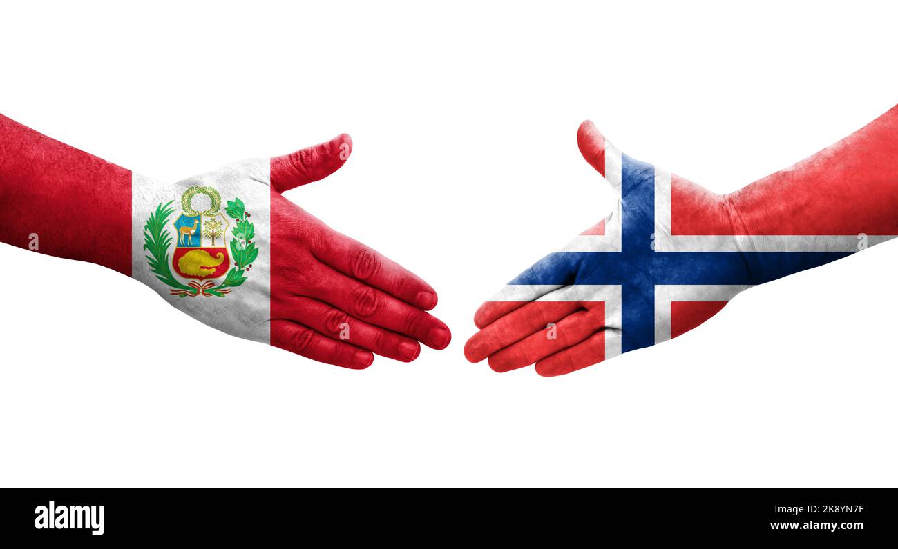 Handshake between Norway and Peru flags painted on hands, isolated ...