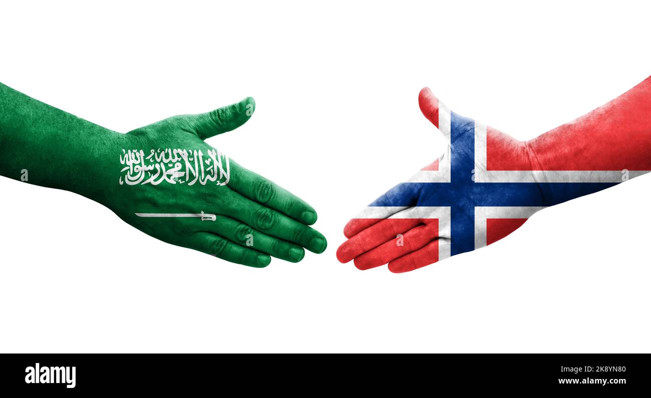 Handshake between Norway and Saudi Arabia flags painted on hands ...