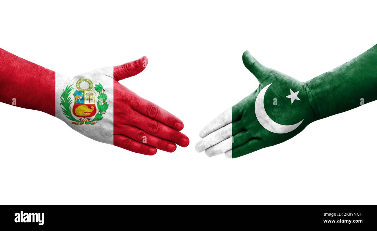 Handshake between Pakistan and Peru flags painted on hands, isolated ...