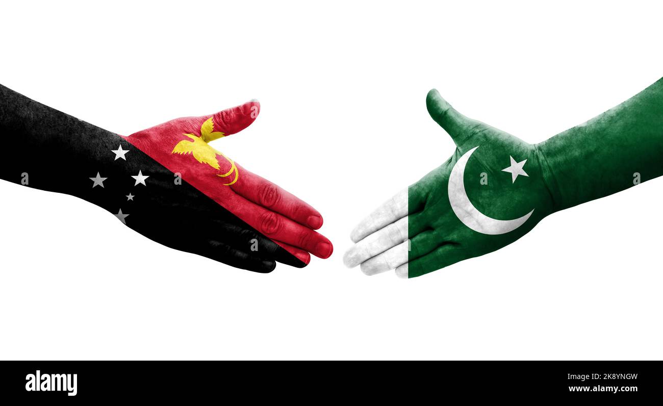 Handshake between Pakistan and Papua New Guinea flags painted on hands ...