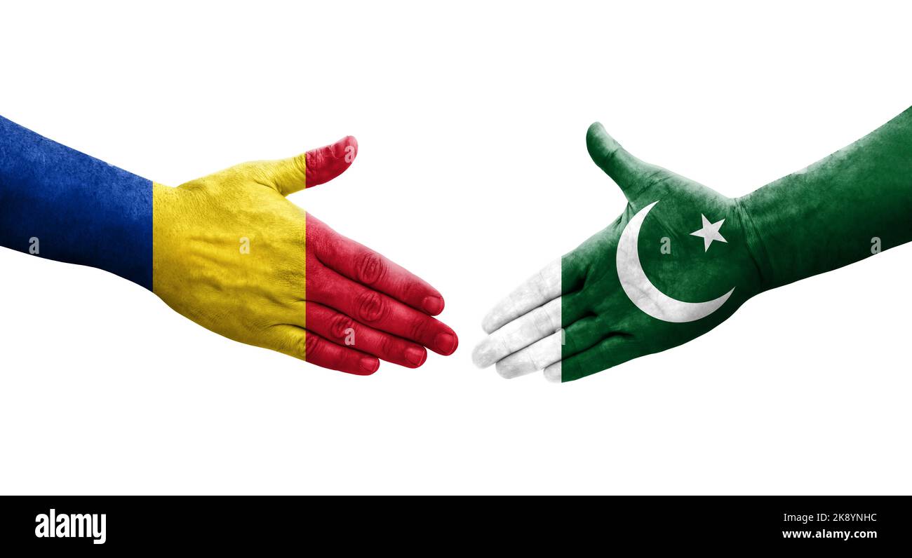 Handshake between Pakistan and Romania flags painted on hands, isolated ...