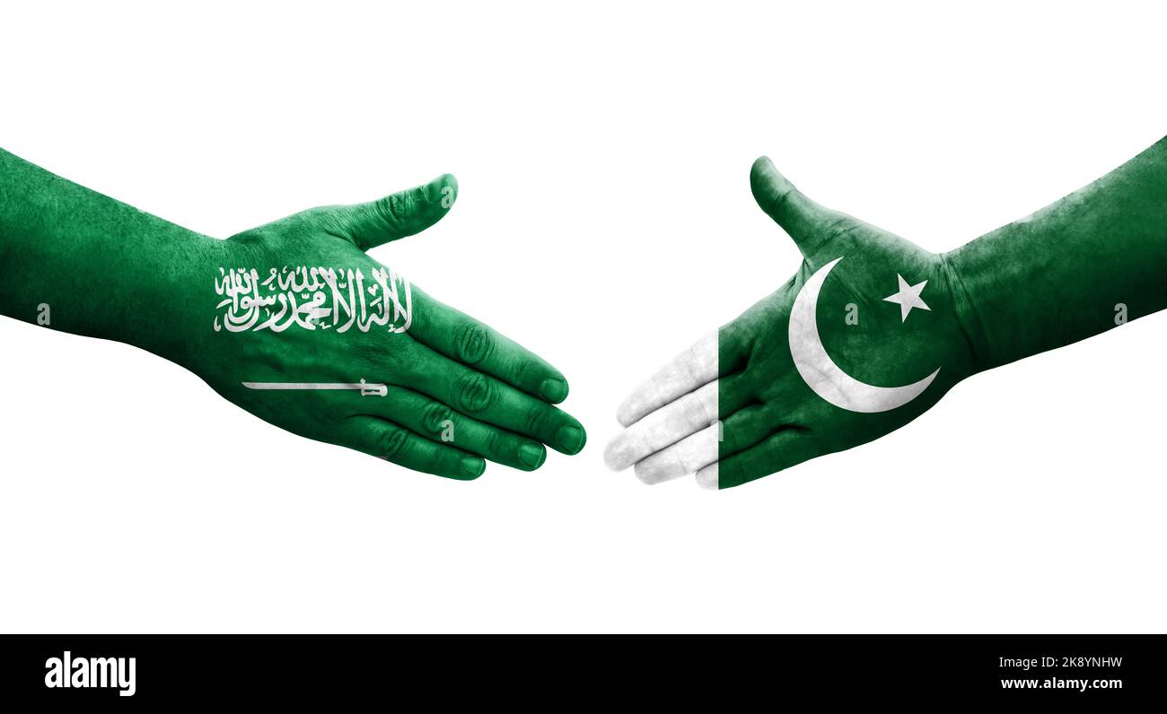 Handshake between Pakistan and Saudi Arabia flags painted on hands ...