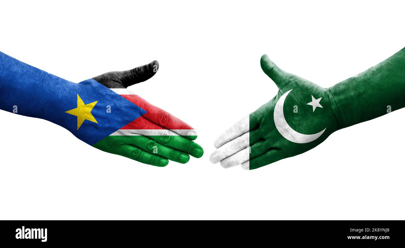Handshake between Pakistan and South Sudan flags painted on hands ...
