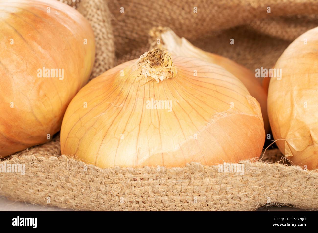 Four organic juicy unpeeled onions in a jute bag, close-up Stock Photo ...