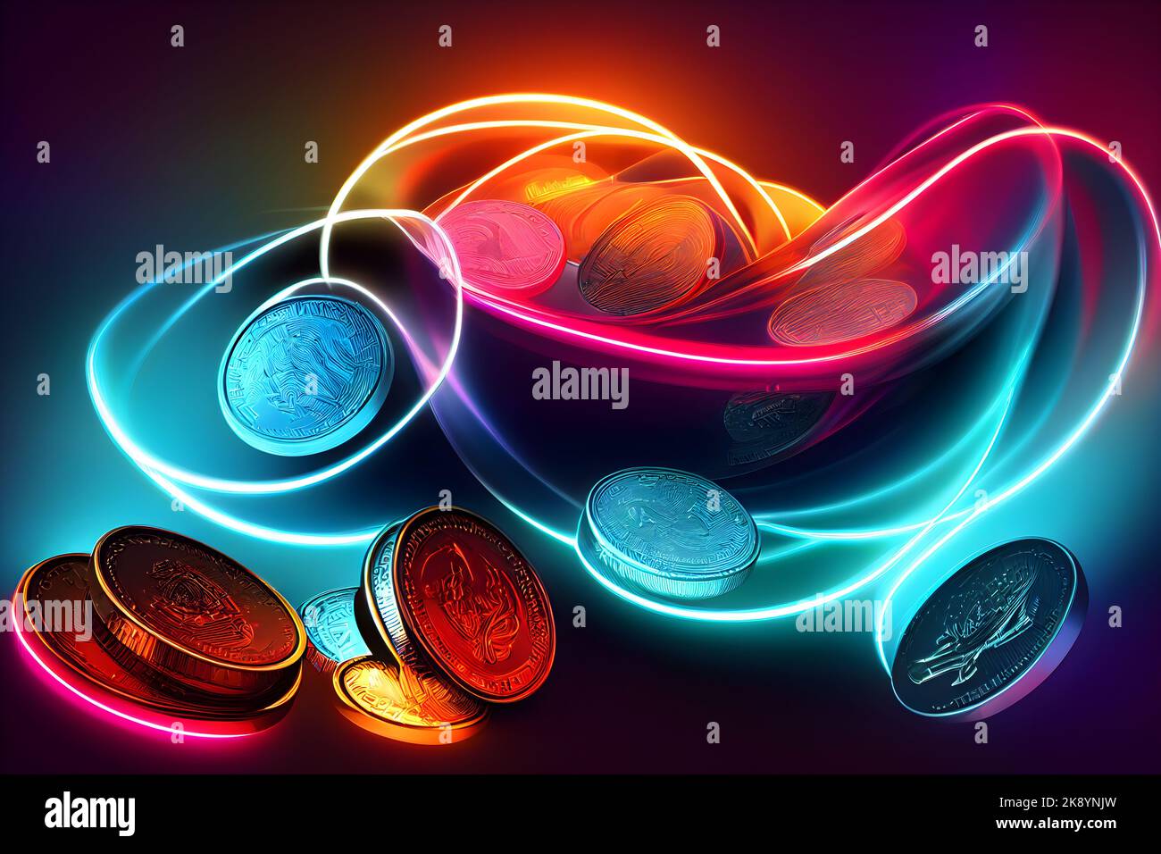 A 3D rendering of coins isolated on a neon shiny colorful background ...