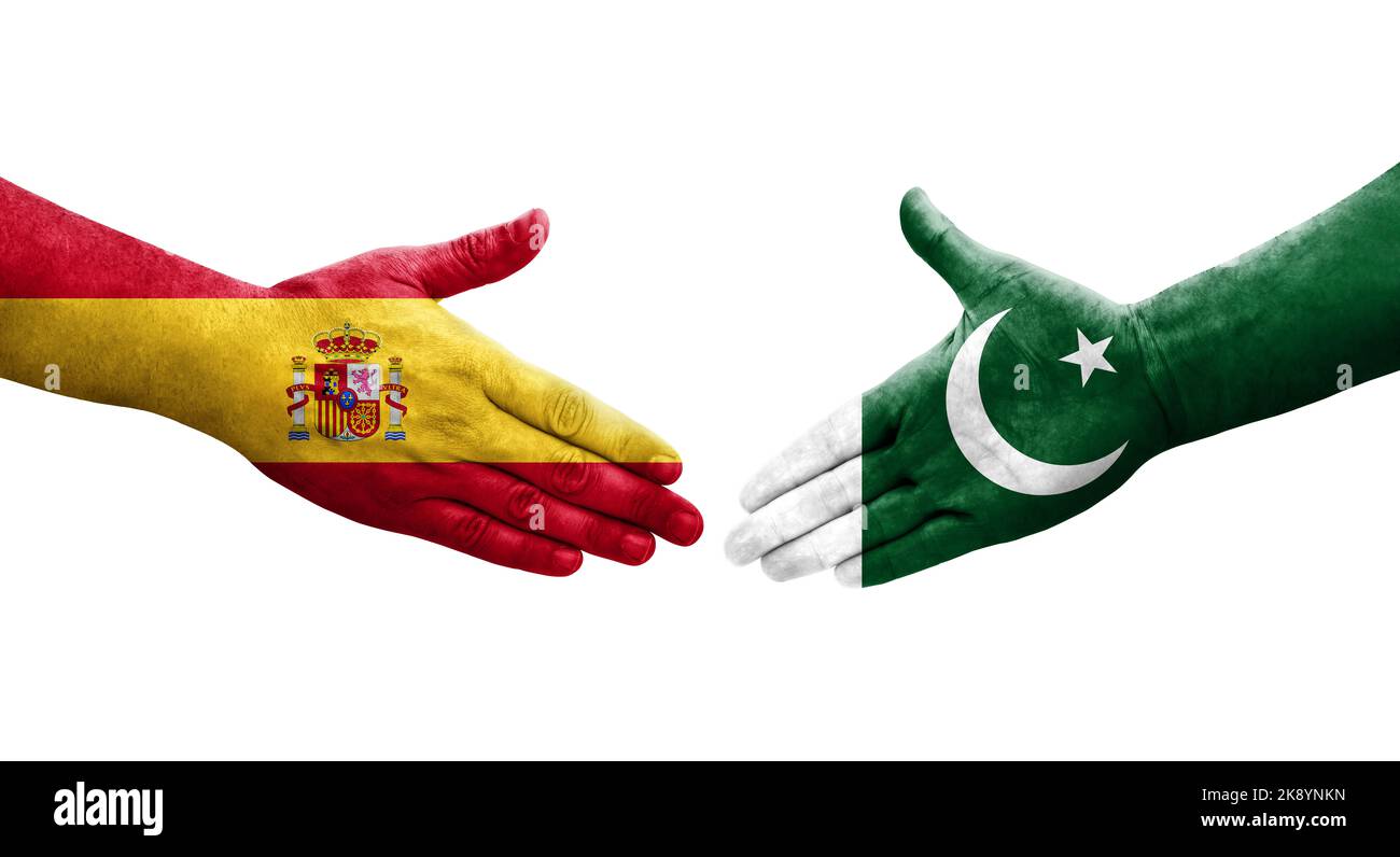 Handshake between Pakistan and Spain flags painted on hands, isolated ...