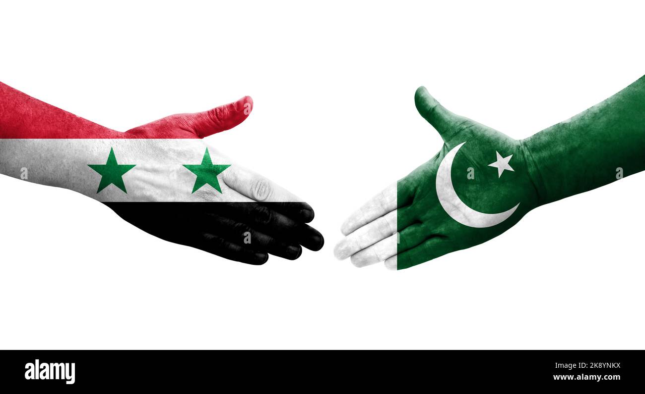 Handshake between Pakistan and Syria flags painted on hands, isolated ...